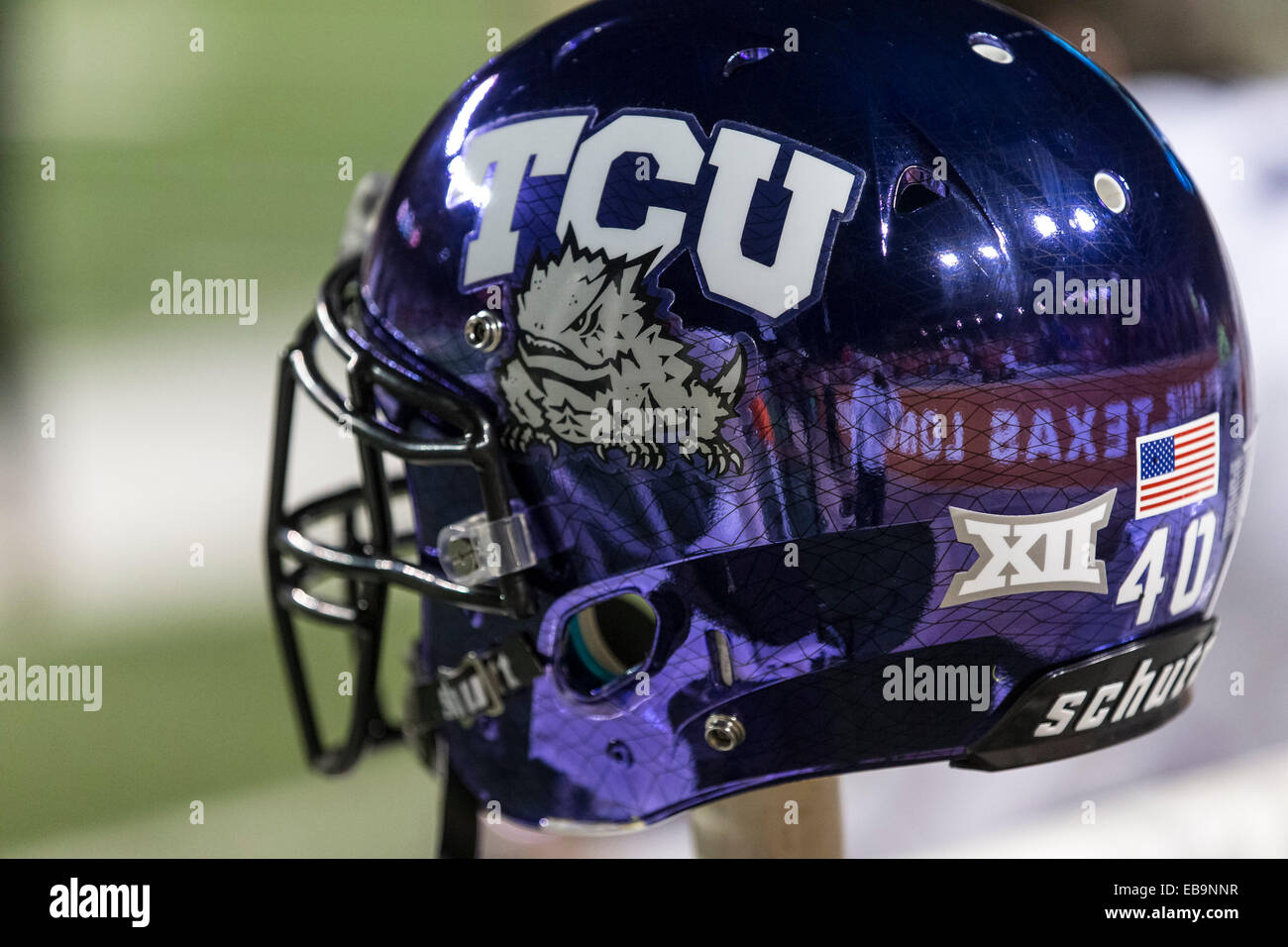 Austin, Texas. 27th Nov, 2014. TCU Horned Frogs helmet during the NCAA ...