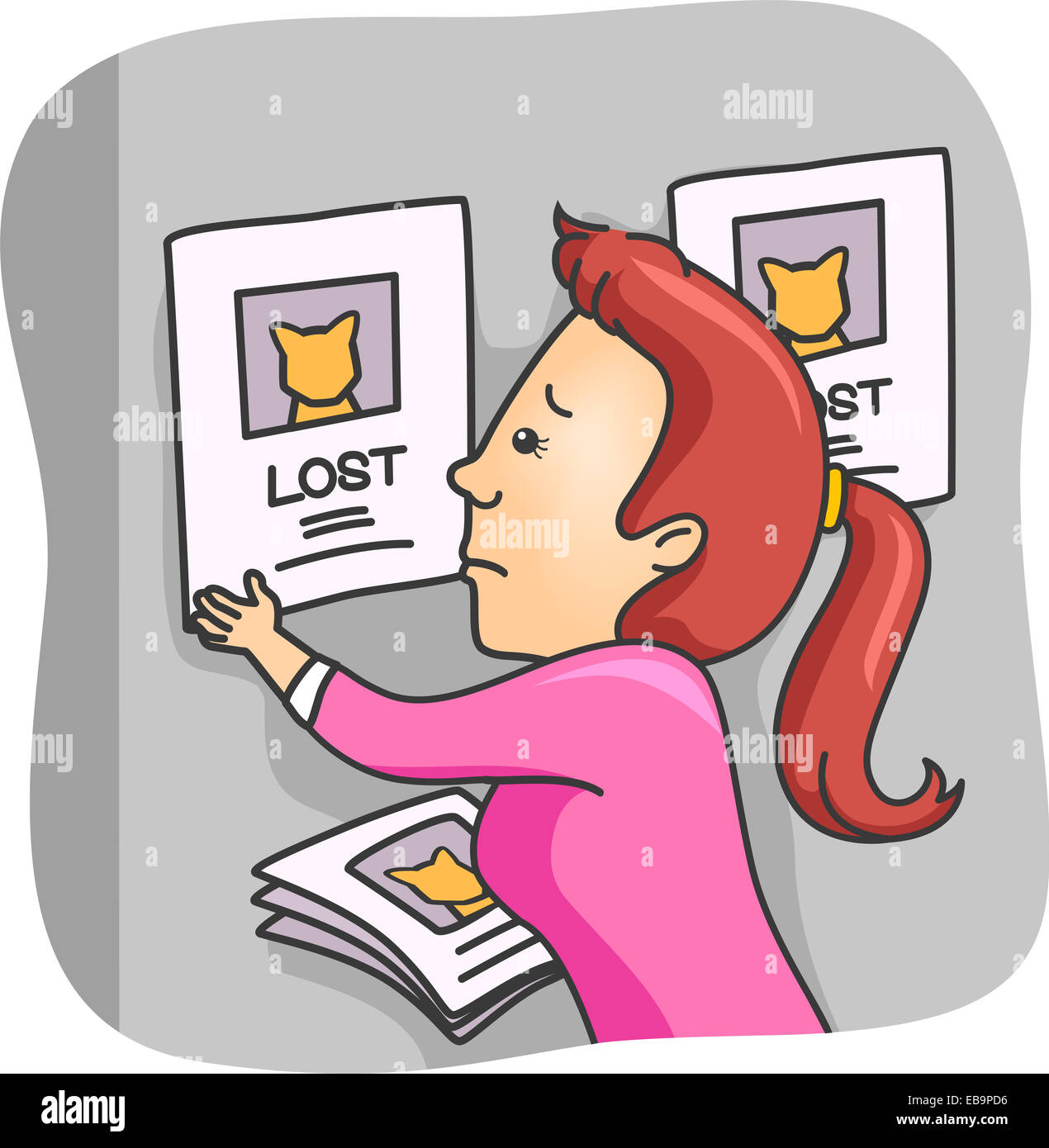 Illustration Featuring a Woman Pasting Posters of Her Lost Cat Stock ...