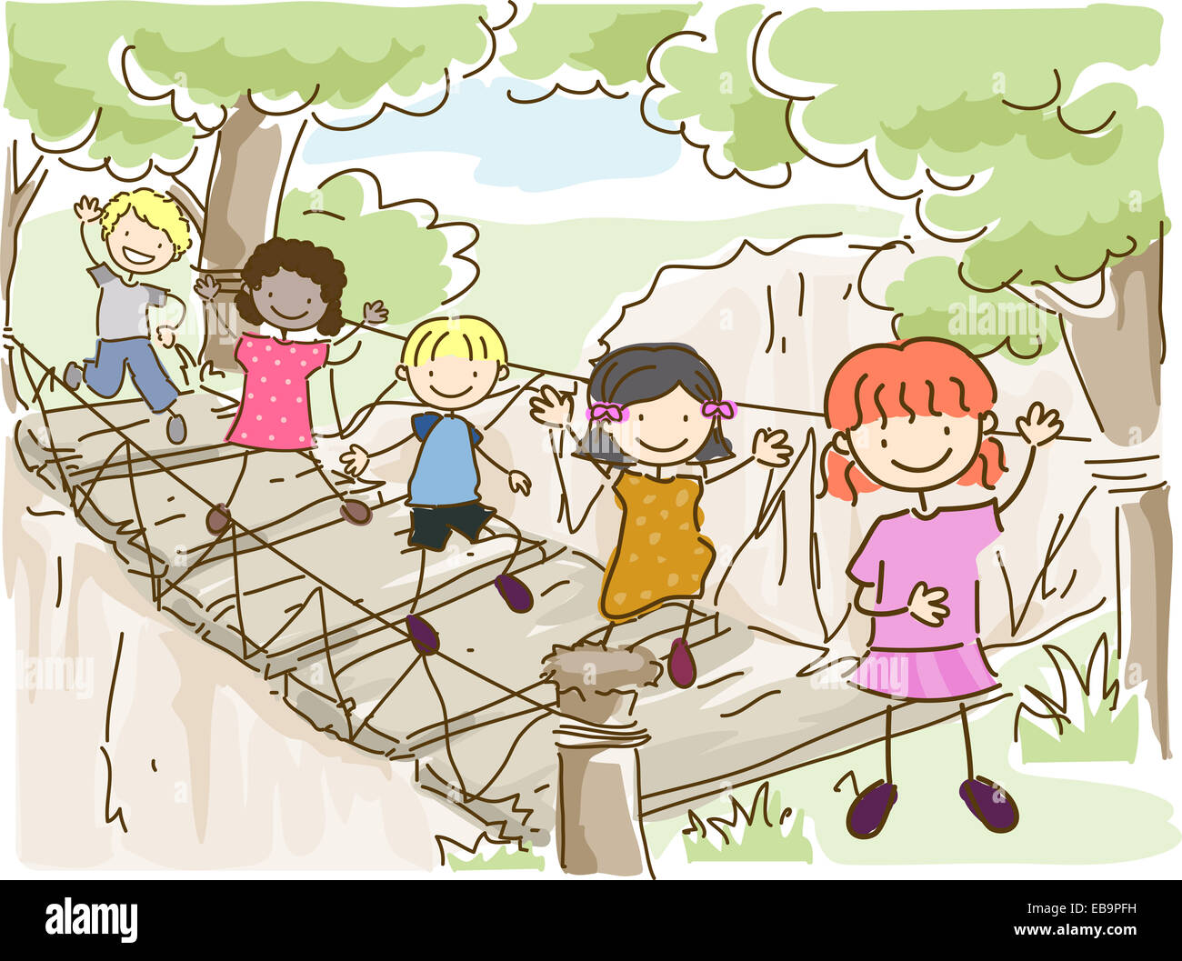 Illustration Featuring Kids Crossing a Hanging Bridge Stock Photo - Alamy