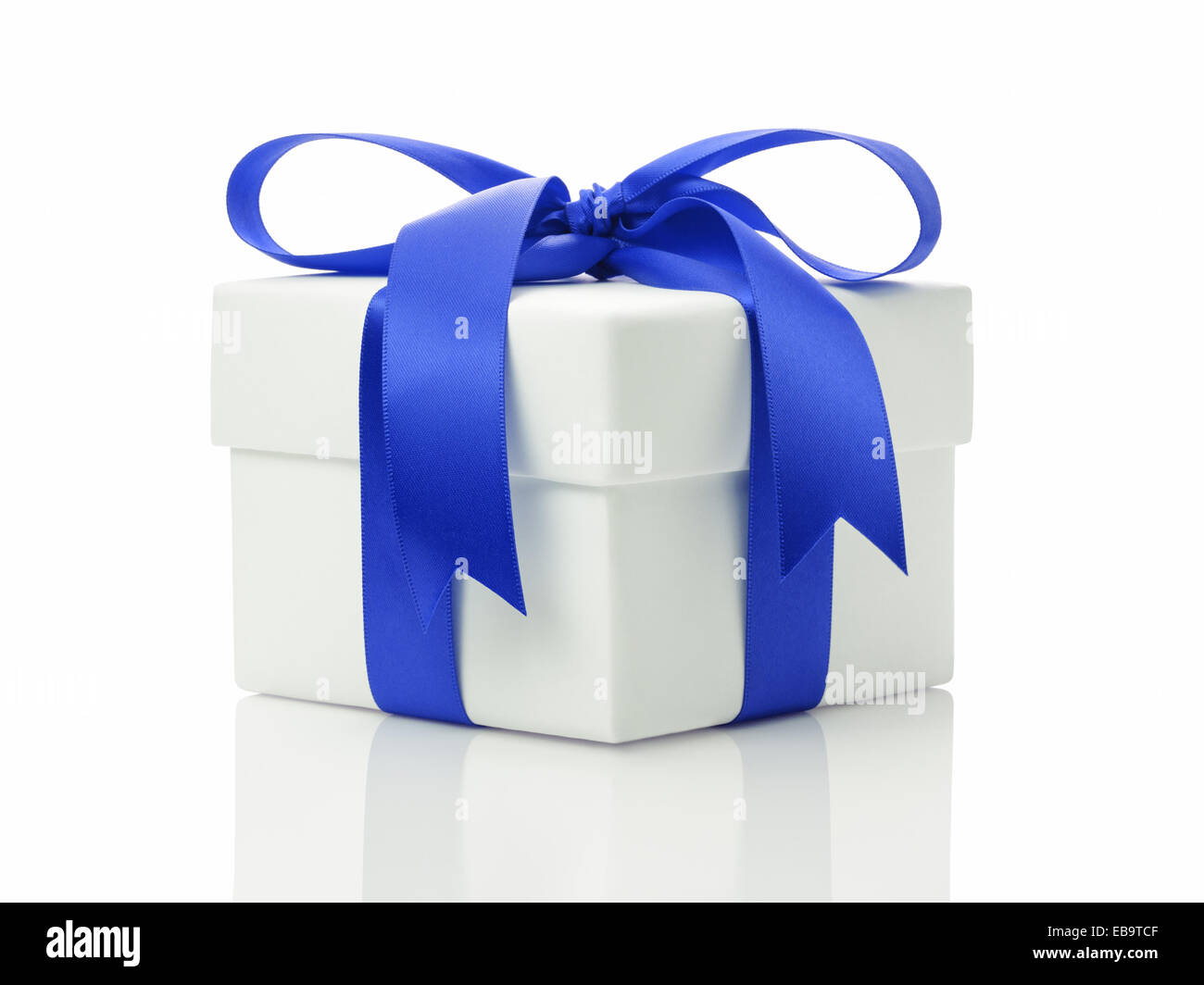 white gift box with blue ribbon bow, isolated on white Stock Photo - Alamy