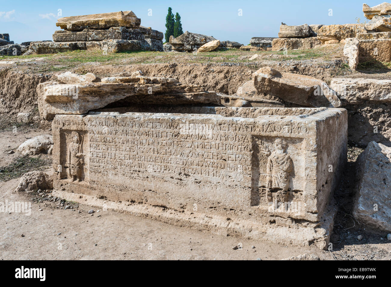 Sarcophagus with reliefs and inscriptions, necropolis in Hierapolis ...