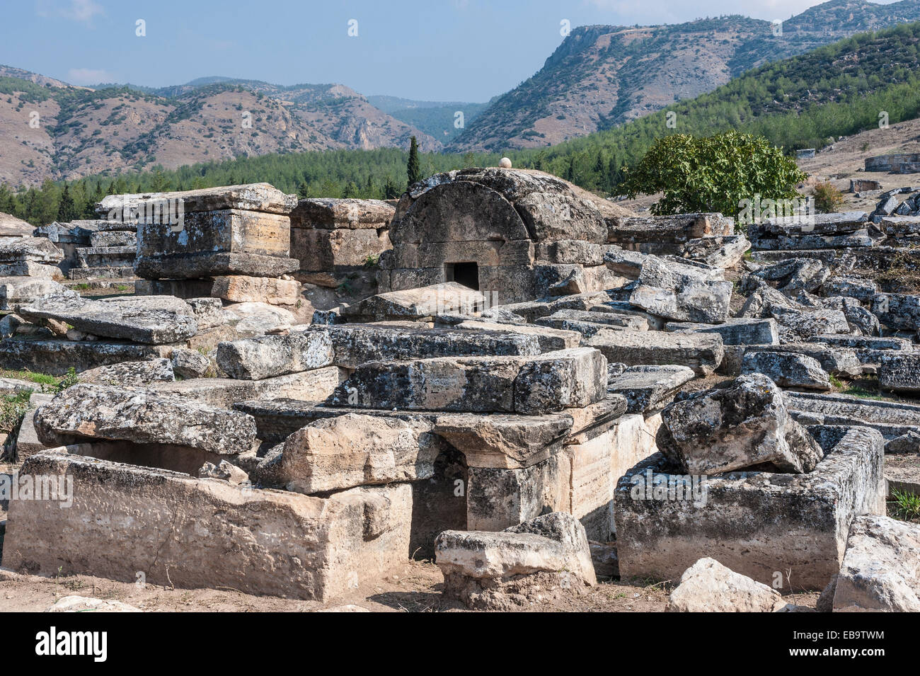 Tombs and sarcophagi, necropolis in Hierapolis, ancient Greek city in Pamukkale, Phrygia ...