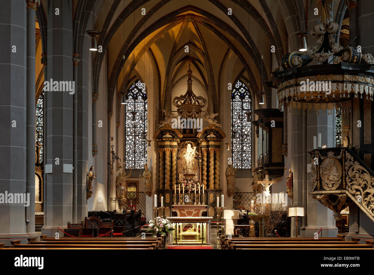 Baroque high altar and pulpit, Basilica of St. Lambertus, historic ...