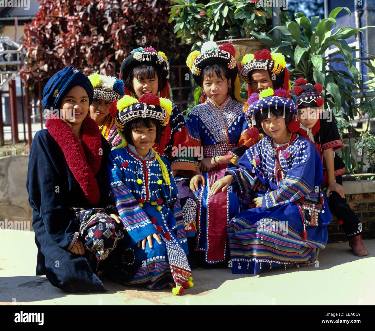 A group of children from the Lisu hill tribe wearing traditional ...