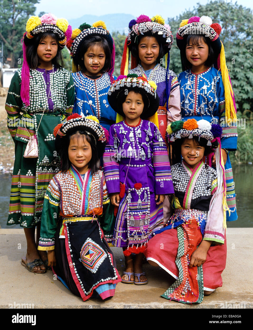 A group of Lisu hill tribe girls wearing traditional costumes and Stock ...