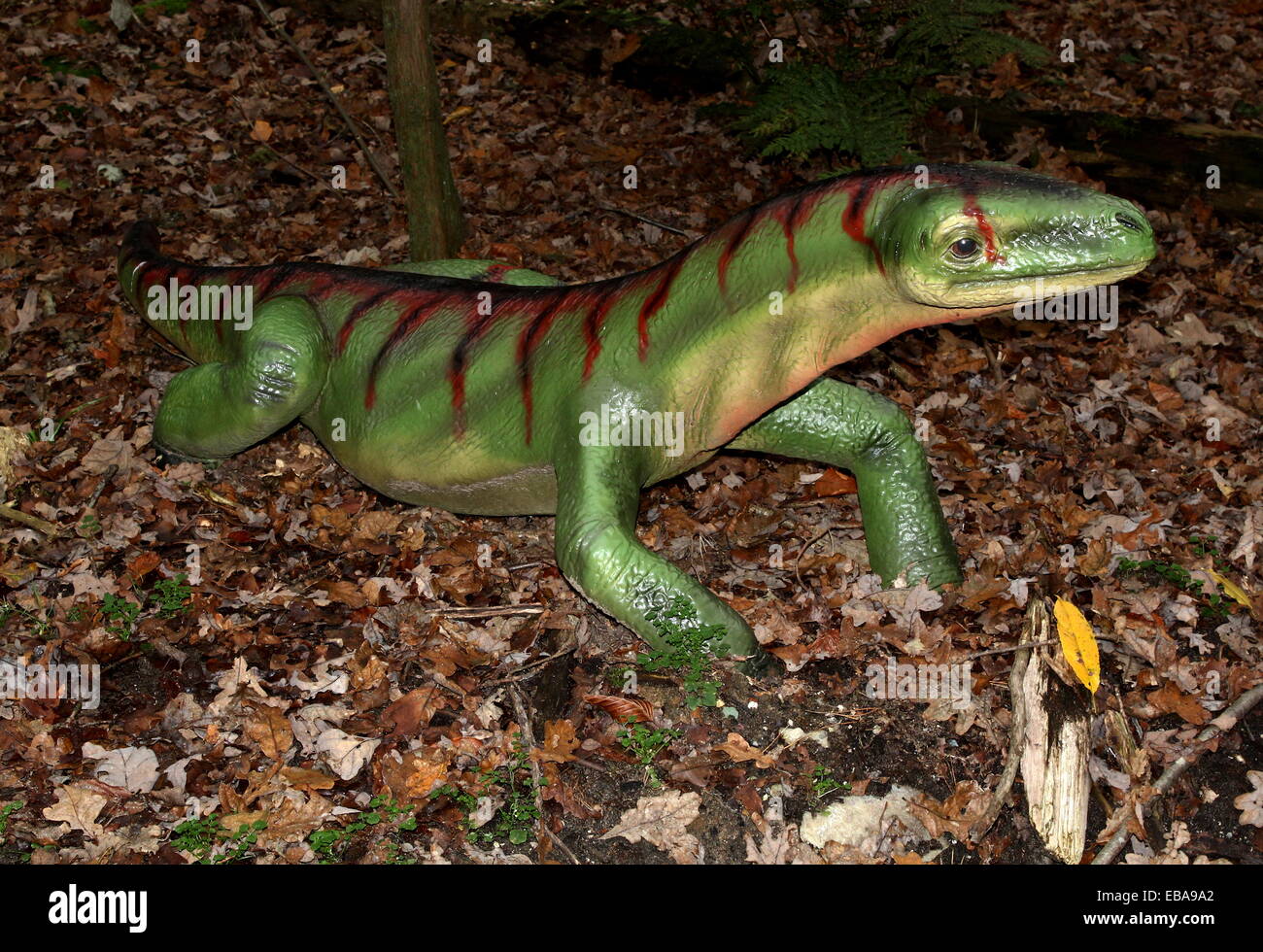 Early Protorosaurus dinosaur, Permian era Over 30 species of lifelike dino statues at Dinopark ...