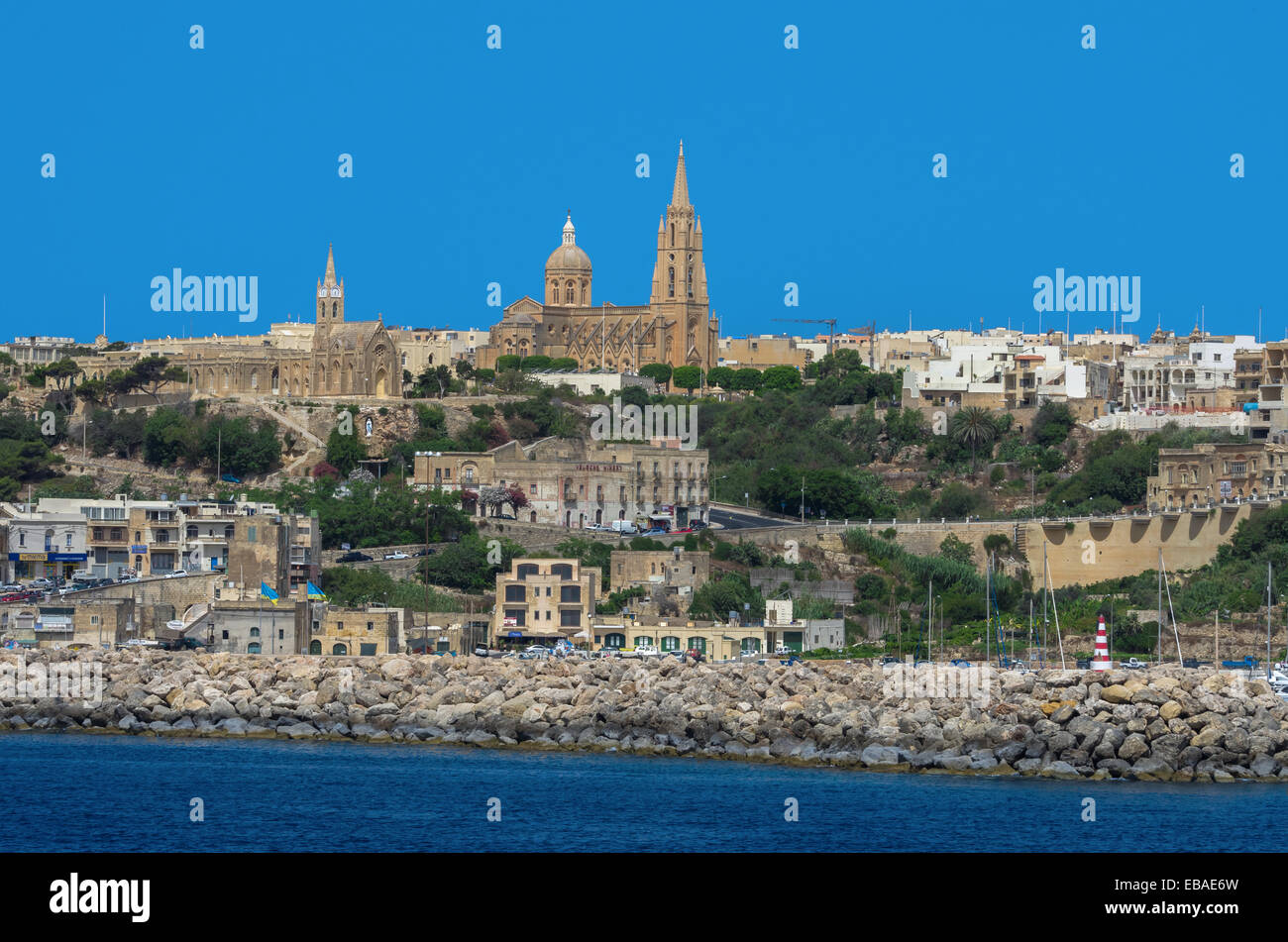 Panoramic view of Mgarr on the island of Gozo, the main harbour and the ...