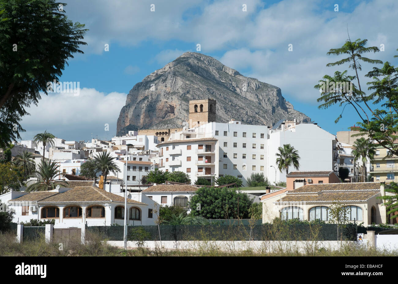 A view of the imposing Montgo mountain, with the town of Javea ...