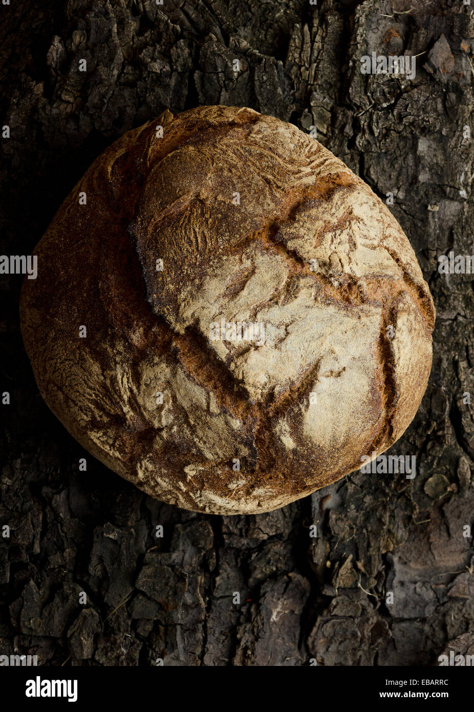 Traditional bread over tree bark, above view Stock Photo - Alamy