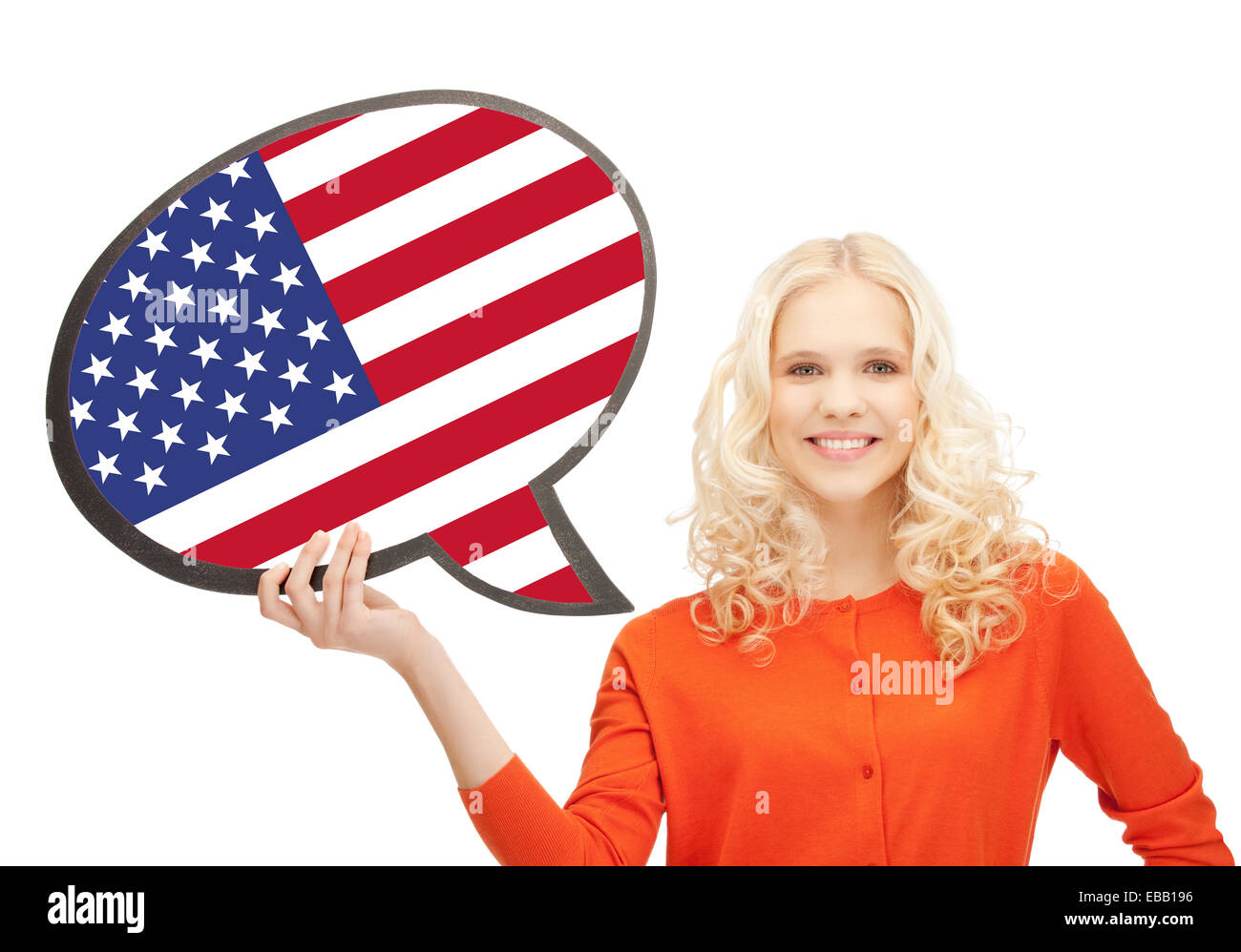 smiling woman with text bubble of american flag Stock Photo - Alamy