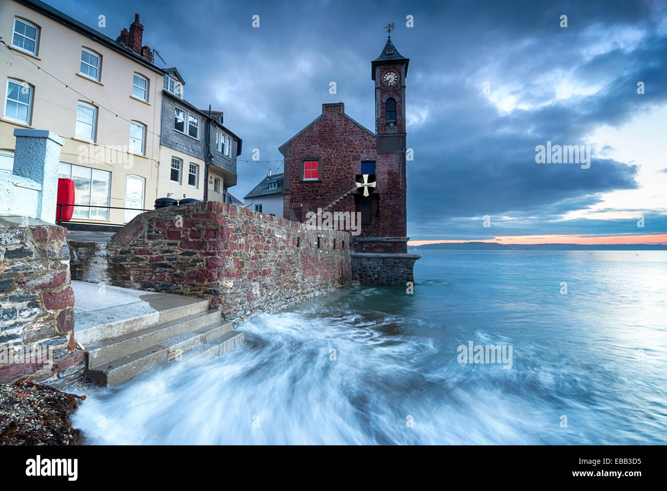 High tide at theclock tower at Kingsand on on the Rame peninsula on the ...