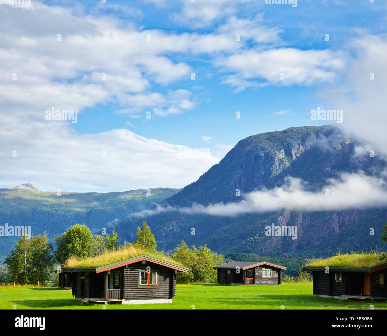 Wooden cabins with turf roof at a campsite in Norway Stock Photo - Alamy