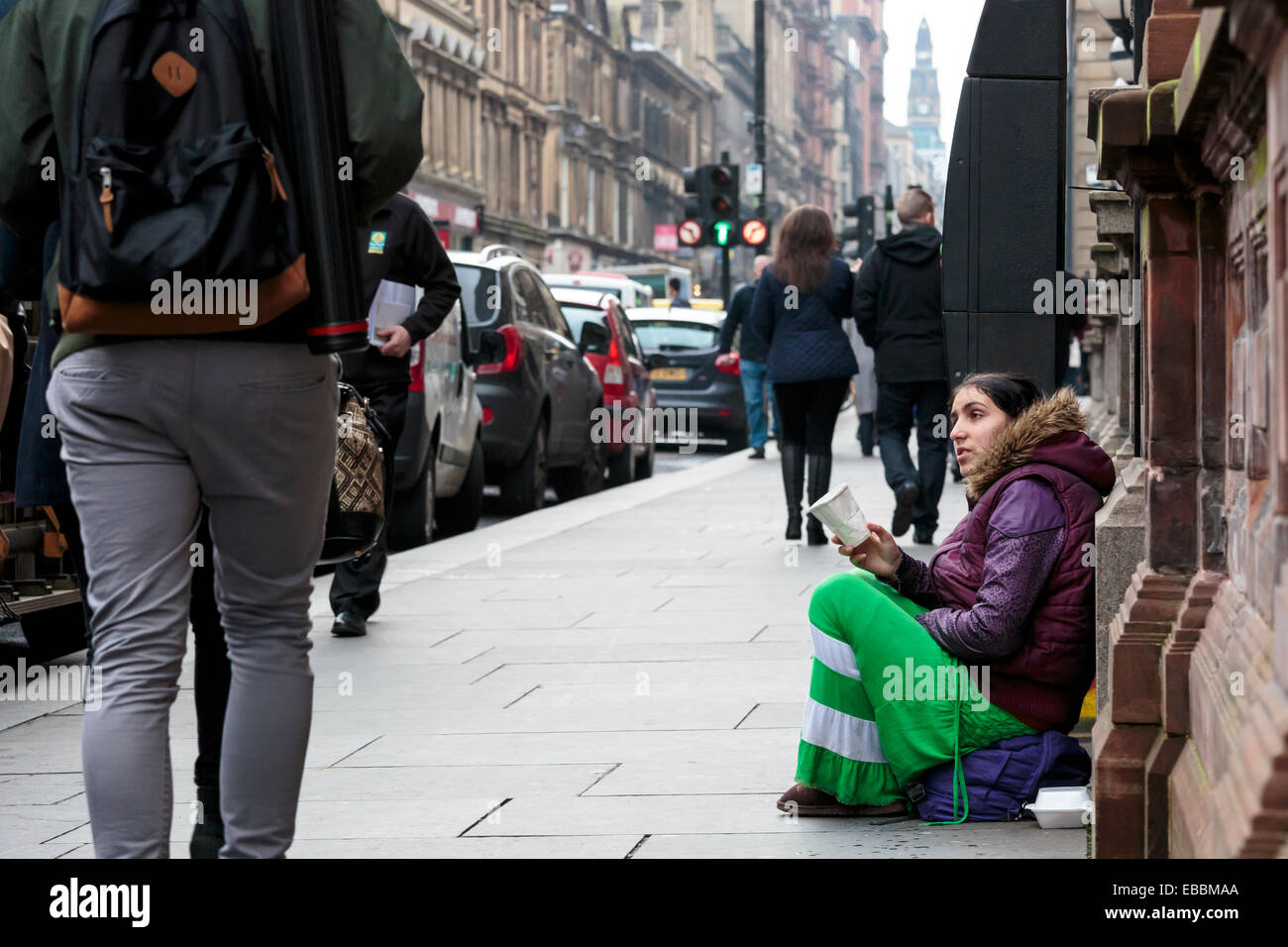 Woman from Eastern Europe begging on the street, Glasgow city centre ...