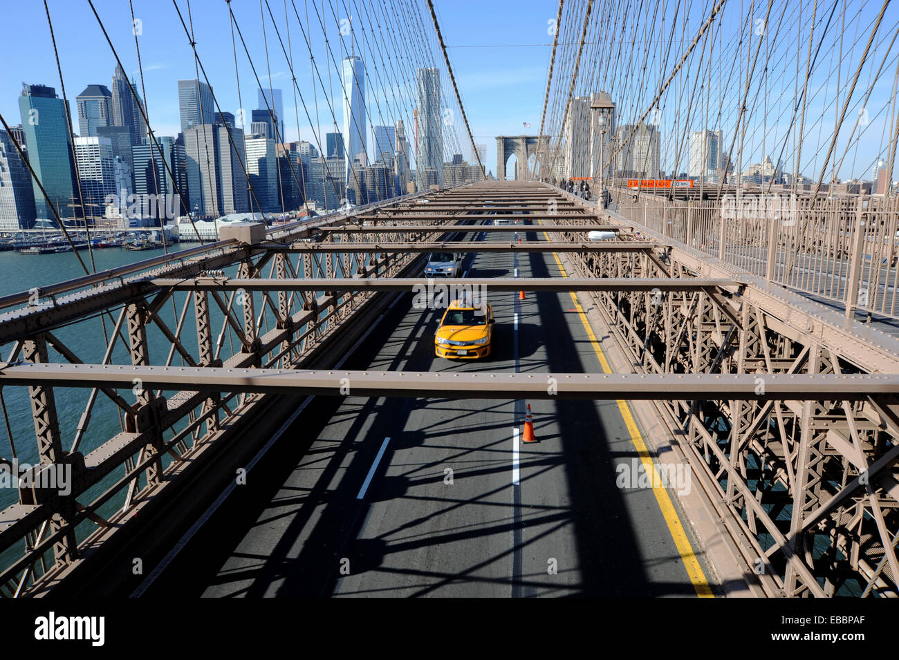 Brooklyn Bridge Driving Surface Cars On The Brooklyn Bridge In New
