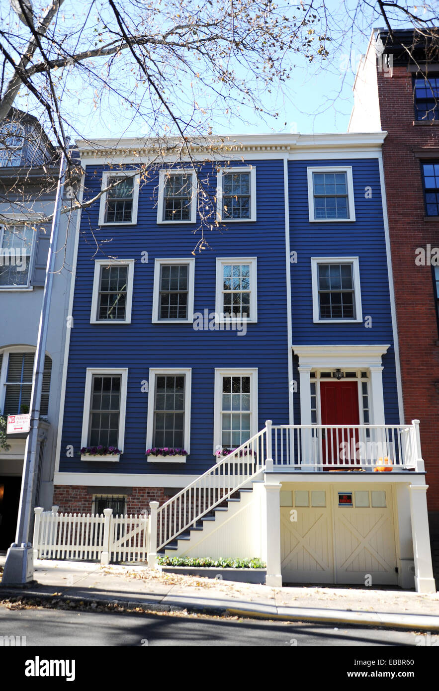 Typical suburban house painted blue in Brooklyn Heights district of New ...