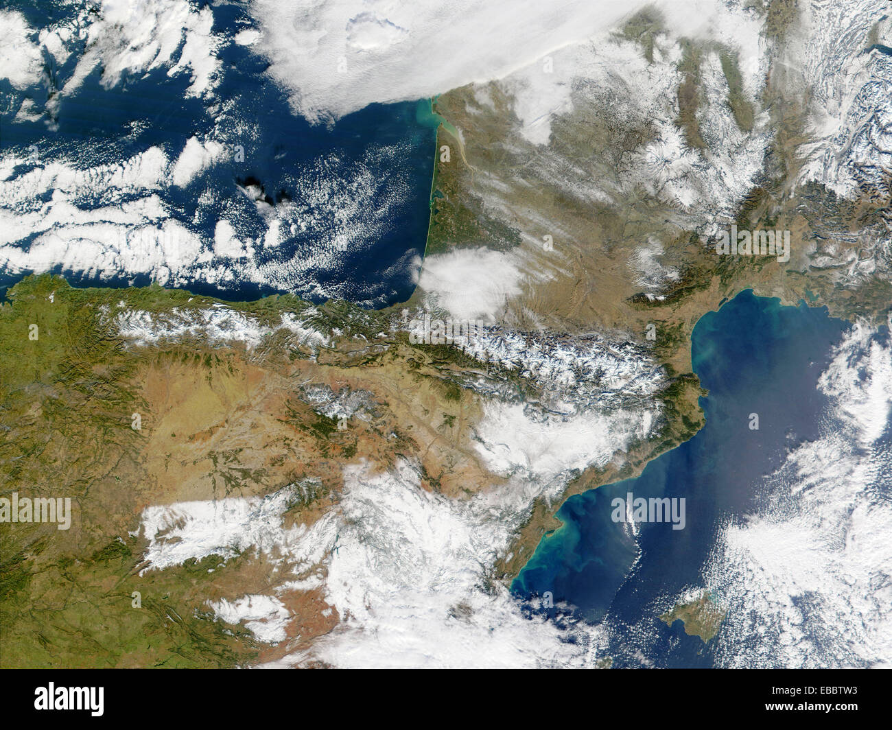 Throughout France (upper right) and Spain (lower left) snow covers the ...