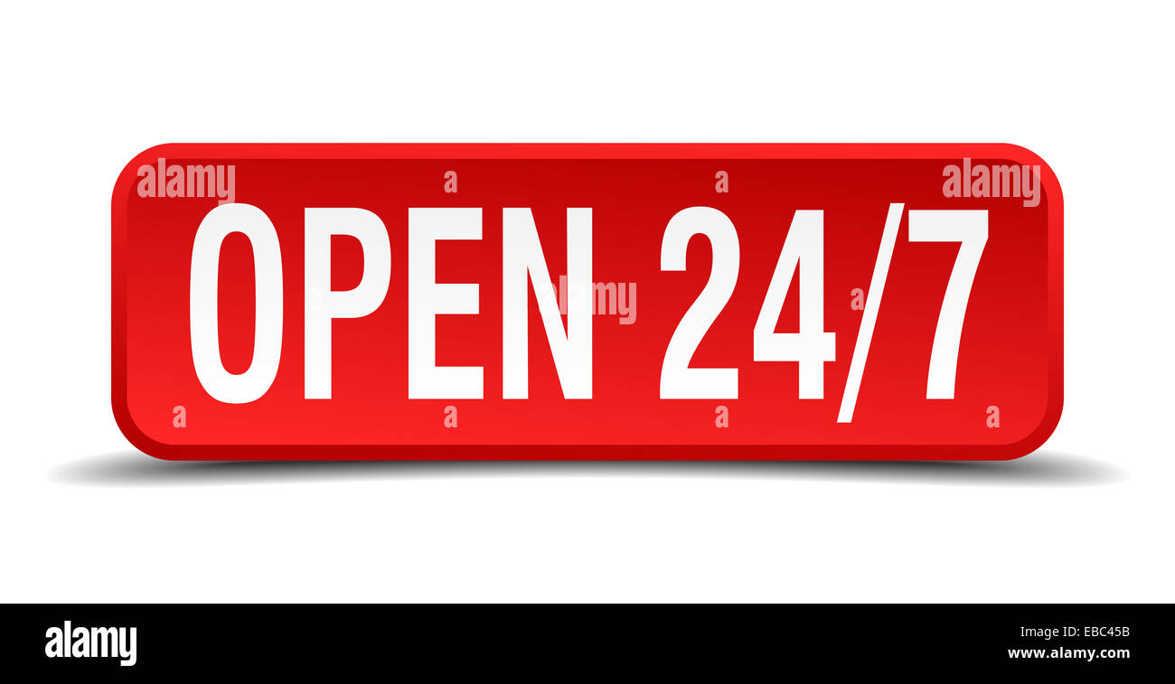 Open 24 7 red 3d square button isolated on white Stock Photo - Alamy