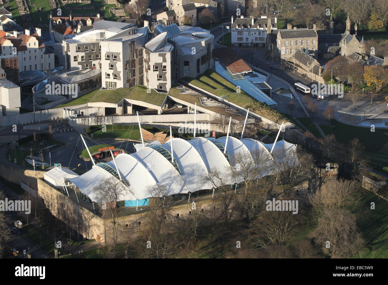 Elevated view of Scottish Parliament and Dynamic Earth Edinburgh ...