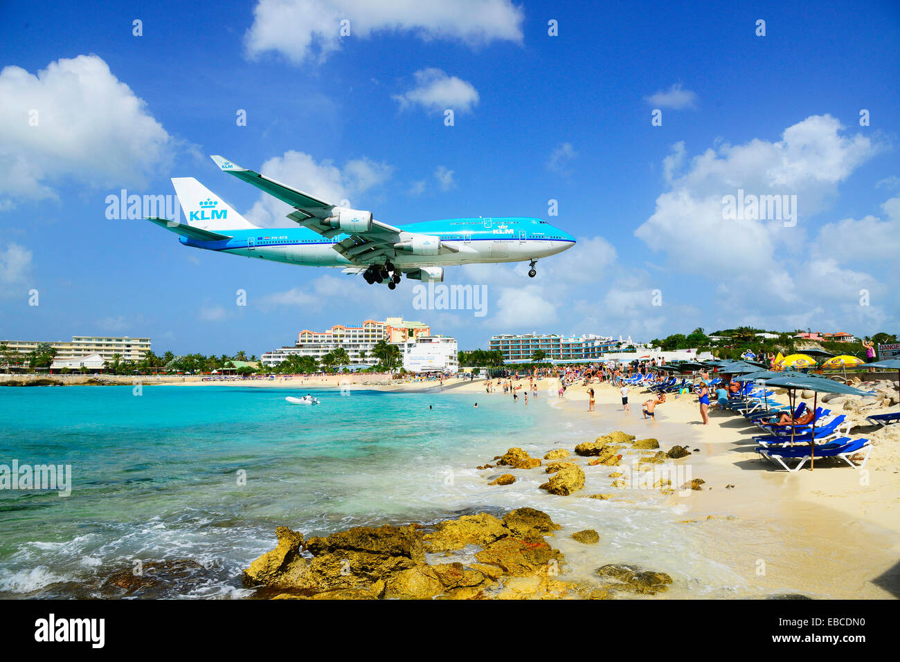 Airplanes landing over Maho beach at St Maarten Martin Caribbean Island ...