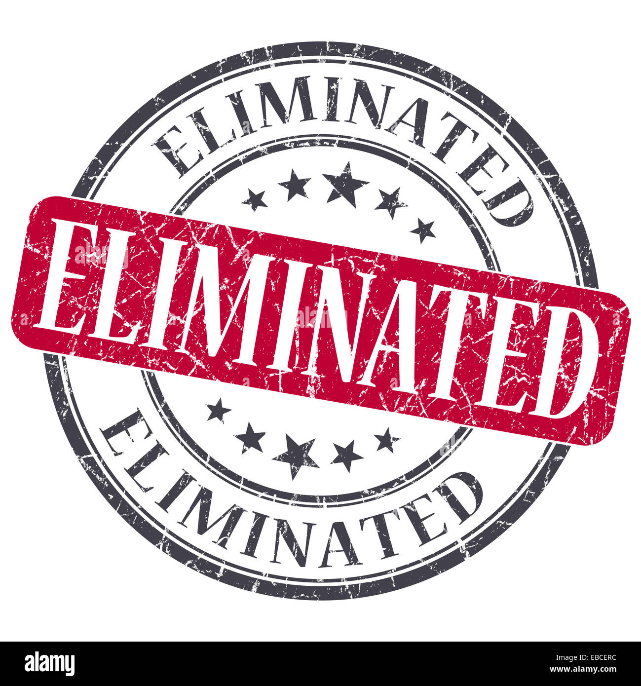 Eliminated red grunge round stamp on white background Stock Photo - Alamy