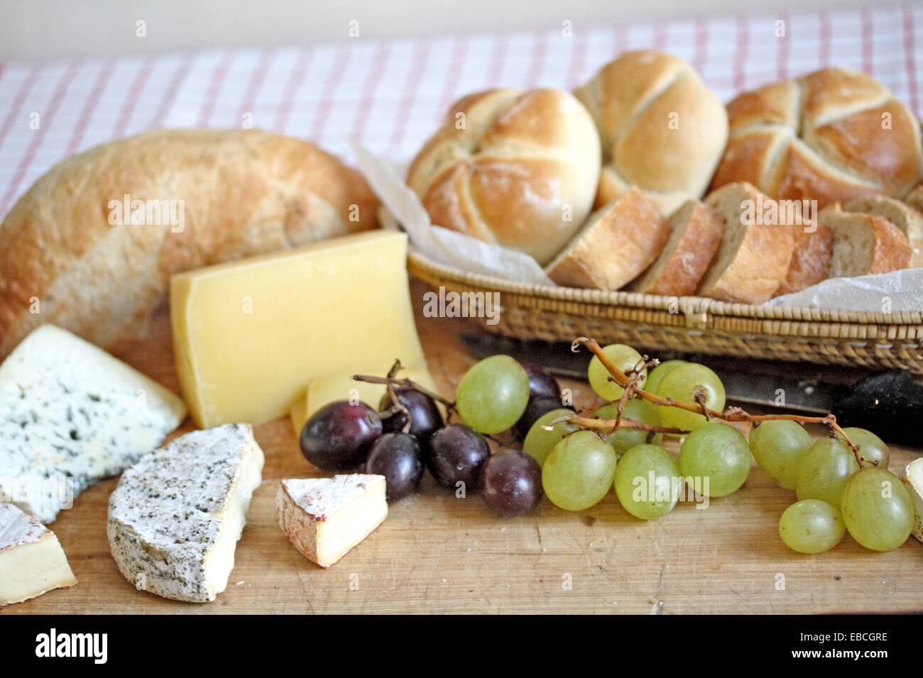 Bread and cheese board Bleu cheese, paprika cheese, pepper cheese, hard ...