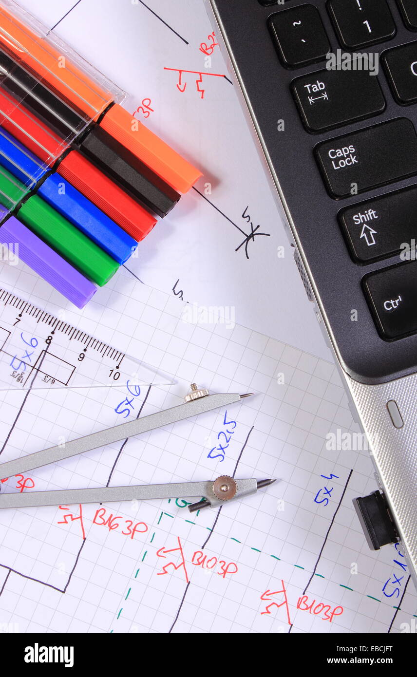 Electrical diagrams, accessories for drawing and laptop, drawings and ...