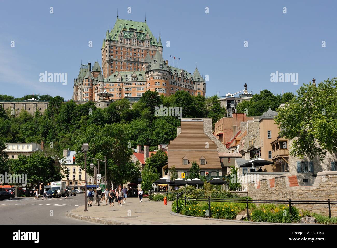 Petit Champlain district with Chateau Frontenac background, Quebec city ...