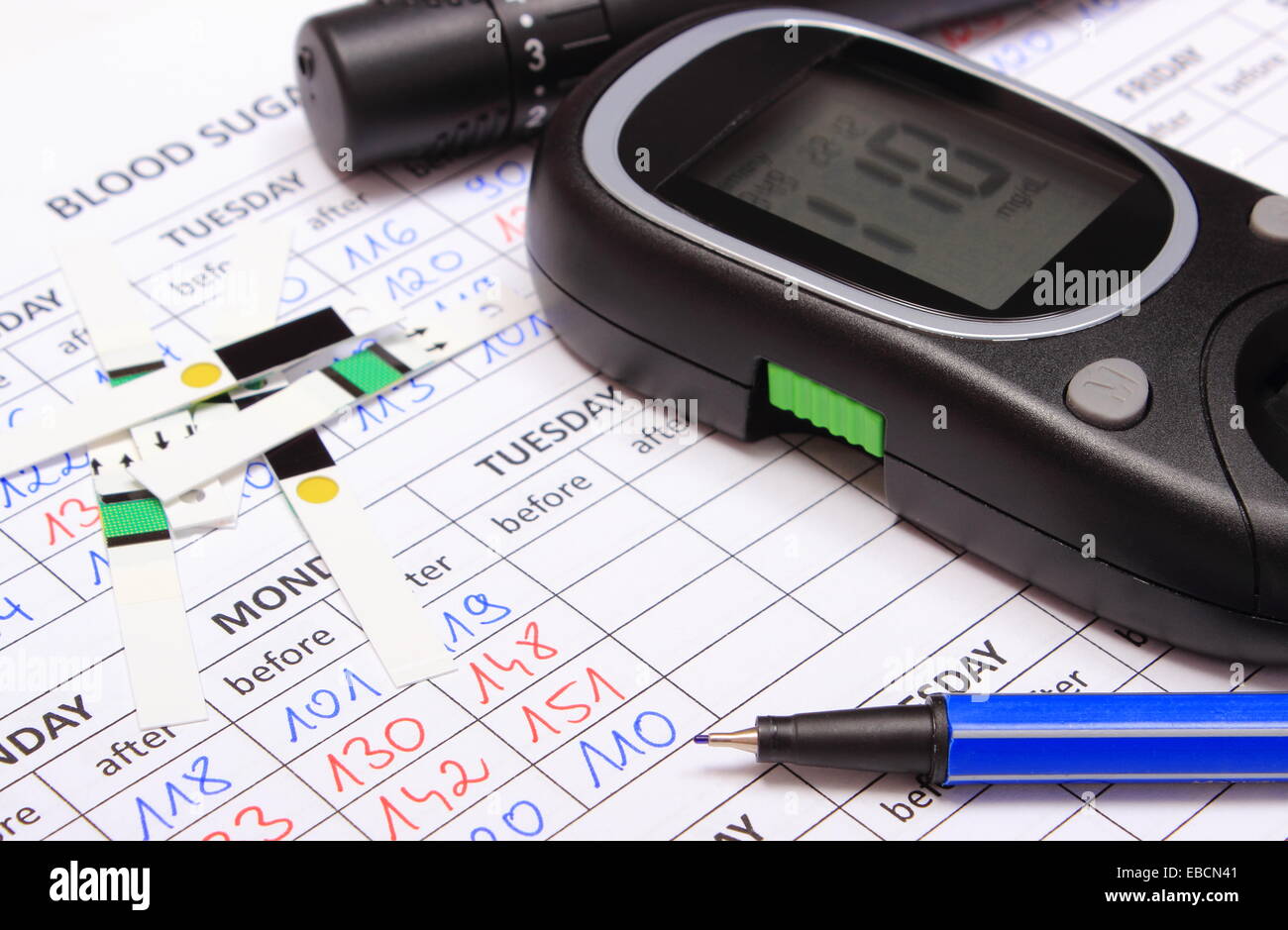 Glucose meter, lancet device and pen lying on medical forms for ...
