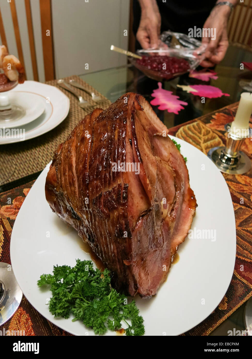 Spiral Sliced Bone-In Ham on Formal Residential Dining Room Table Set ...