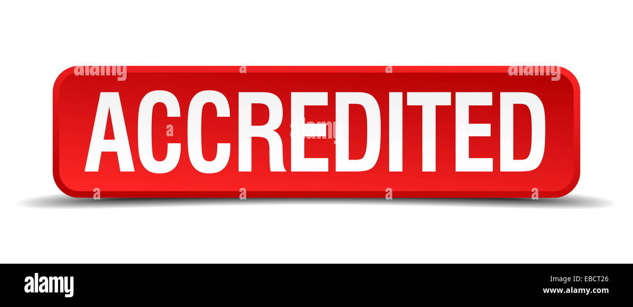 accredited red three-dimensional square button isolated on white ...