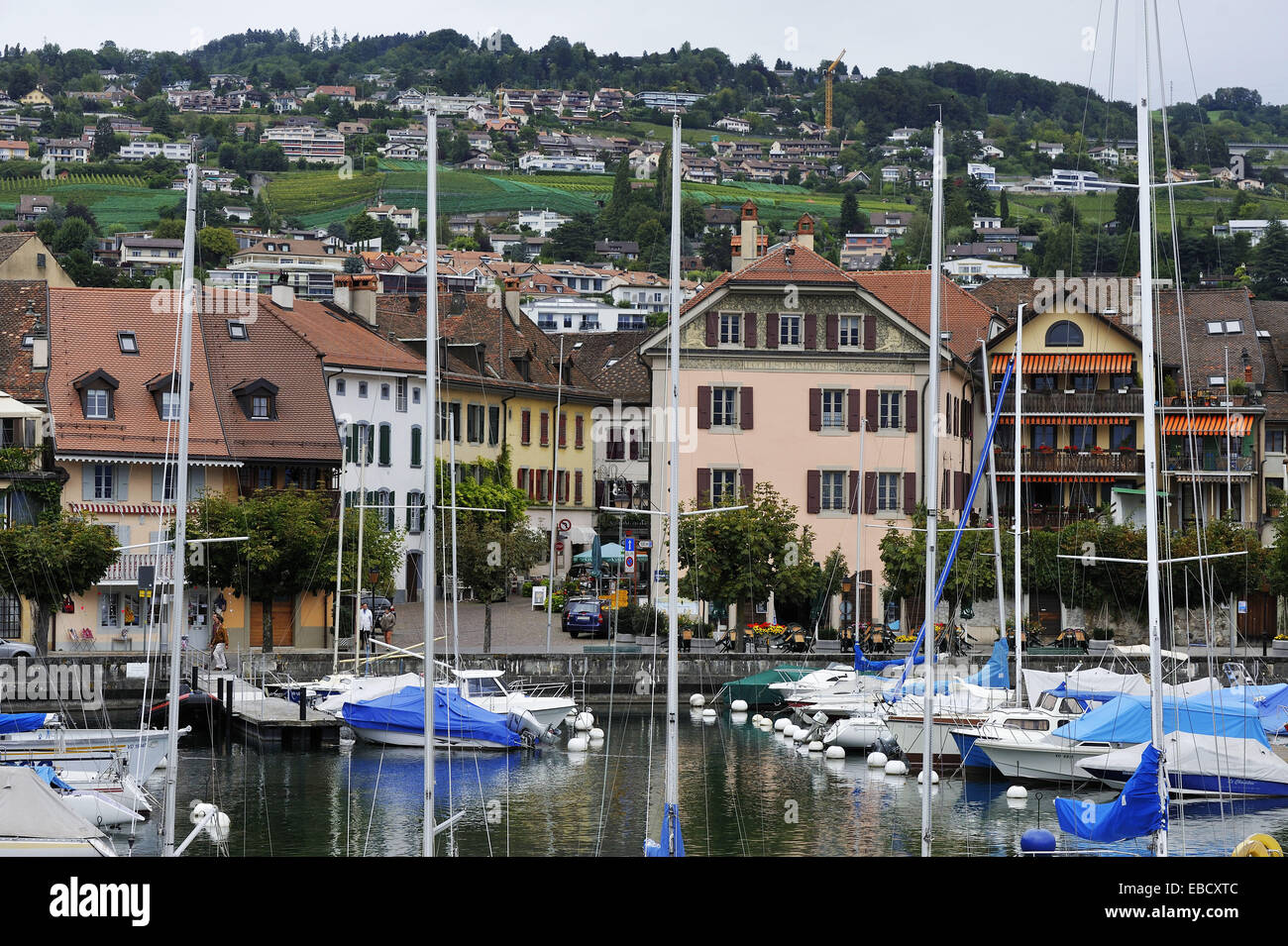 marina and village of Lutry on the edge of the Leman Lake, Lausanne ...