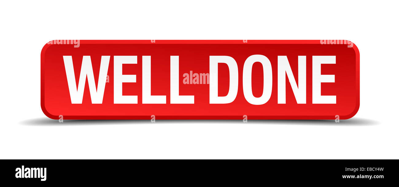Well done red 3d square button isolated on white Stock Photo - Alamy