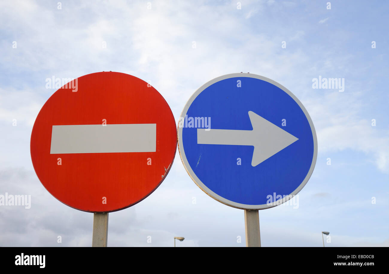 No entry traffic sign and right turn only Mijas costa, Spain Stock ...