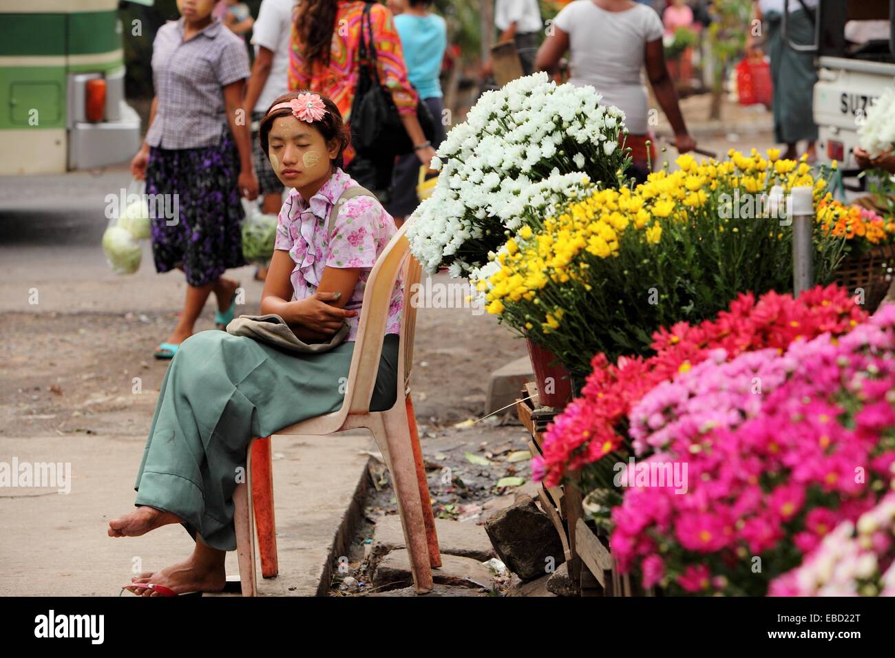 Flower seller at local market Yangon Rangoon Myanmar Burma Asia Stock ...