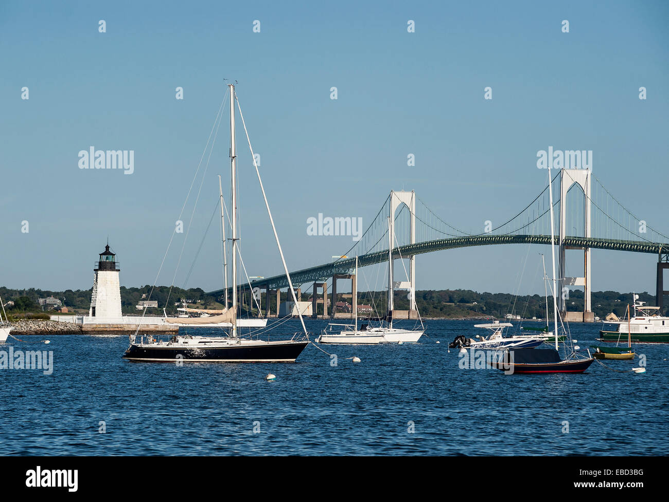 Goat Island Lighthouse and Newport harbor, Rhode Island, USA Stock ...