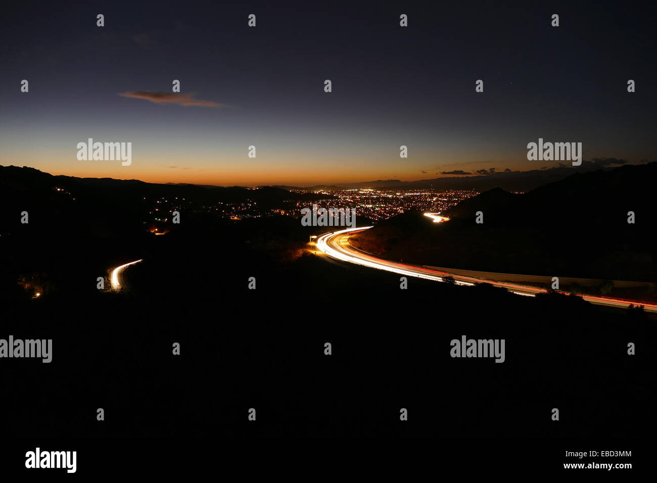 Night freeway lights leading towards suburban Simi Valley near Los ...