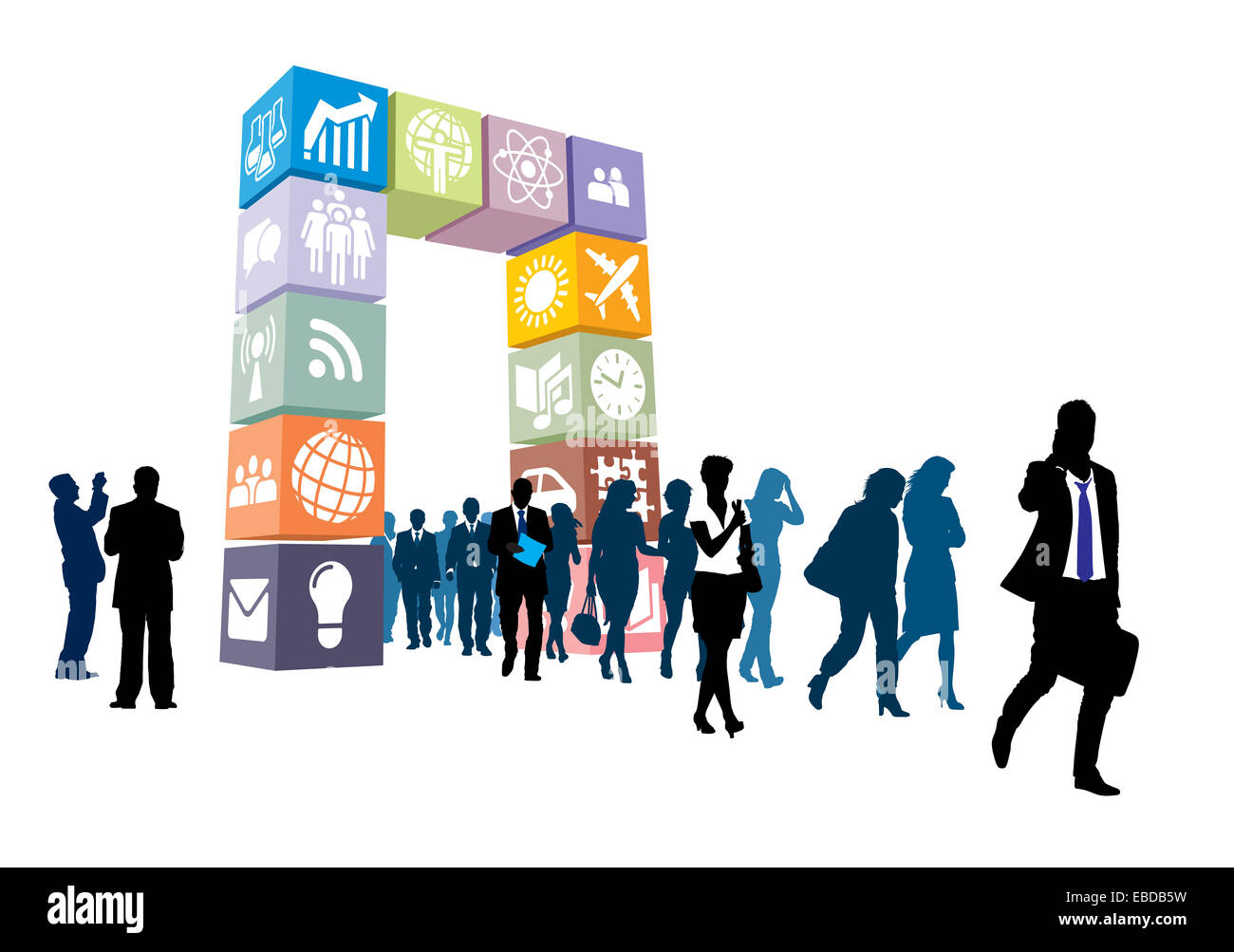 Crowd of people passing through the gate of icons and signs Stock Photo ...