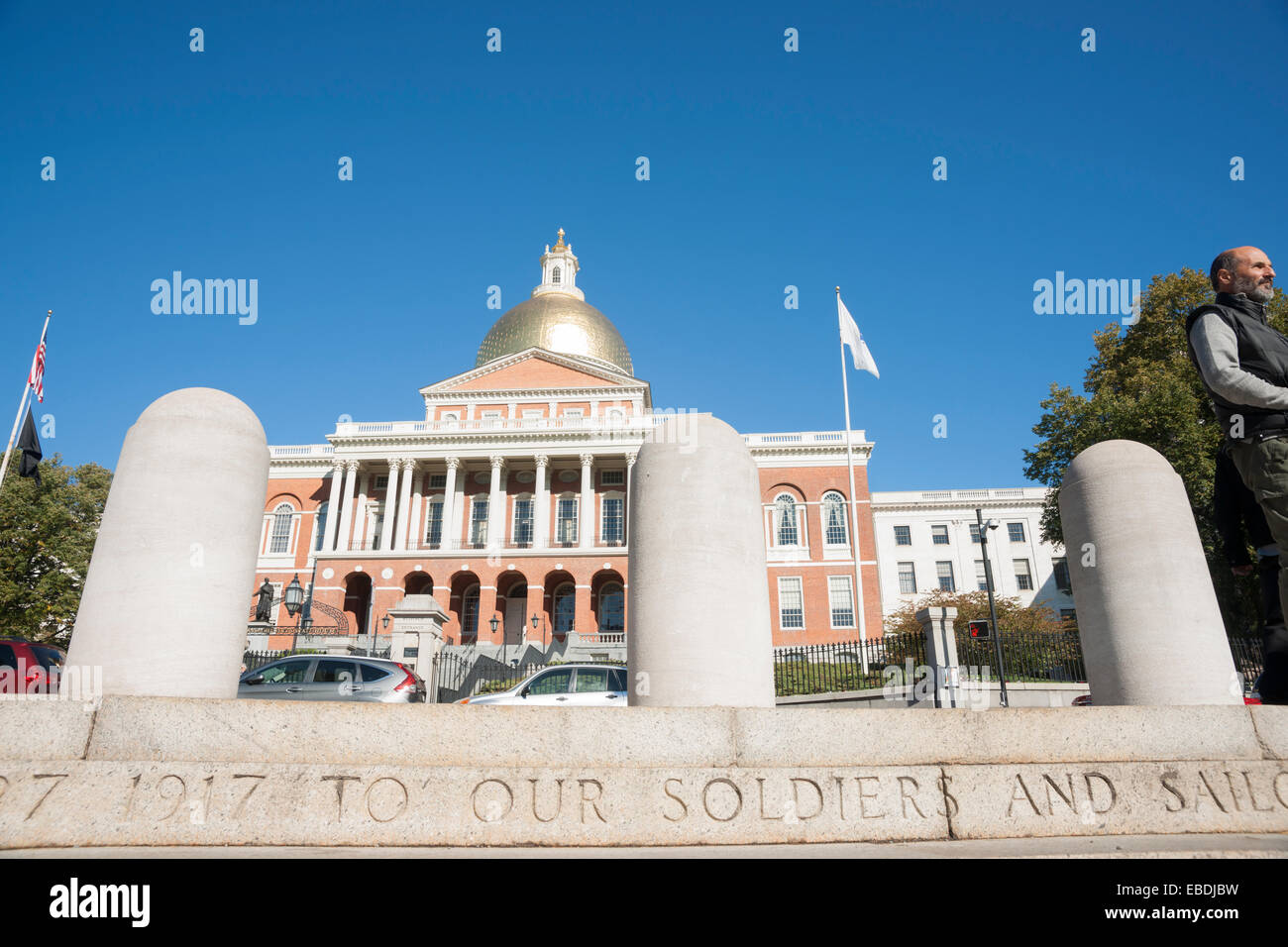 Boston State capital Building with the words engraved on memorial steps ...