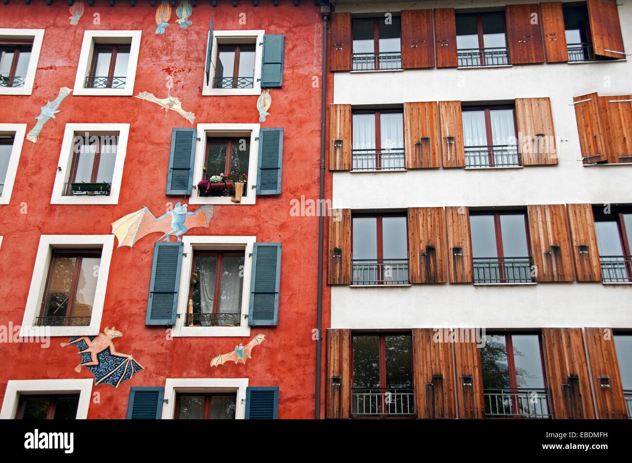 facades of residential buildings, downtown of Geneva, Switzerland Stock ...