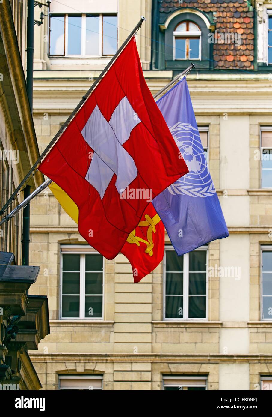 Three most important Flags for the city of Geneva above entrance to ...