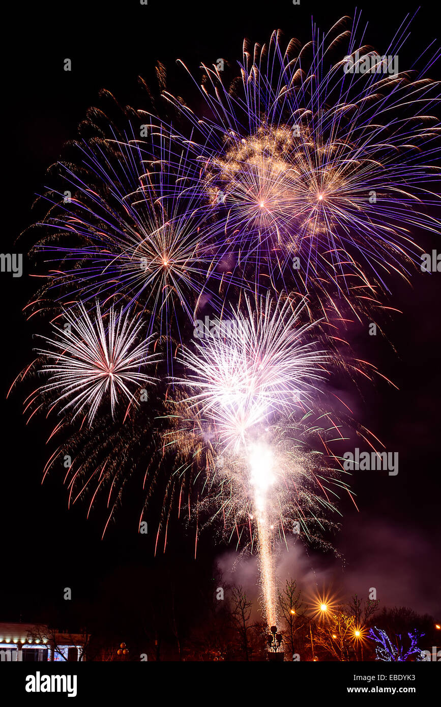 Fireworks in the sky over the night city, Victory Day Stock Photo - Alamy
