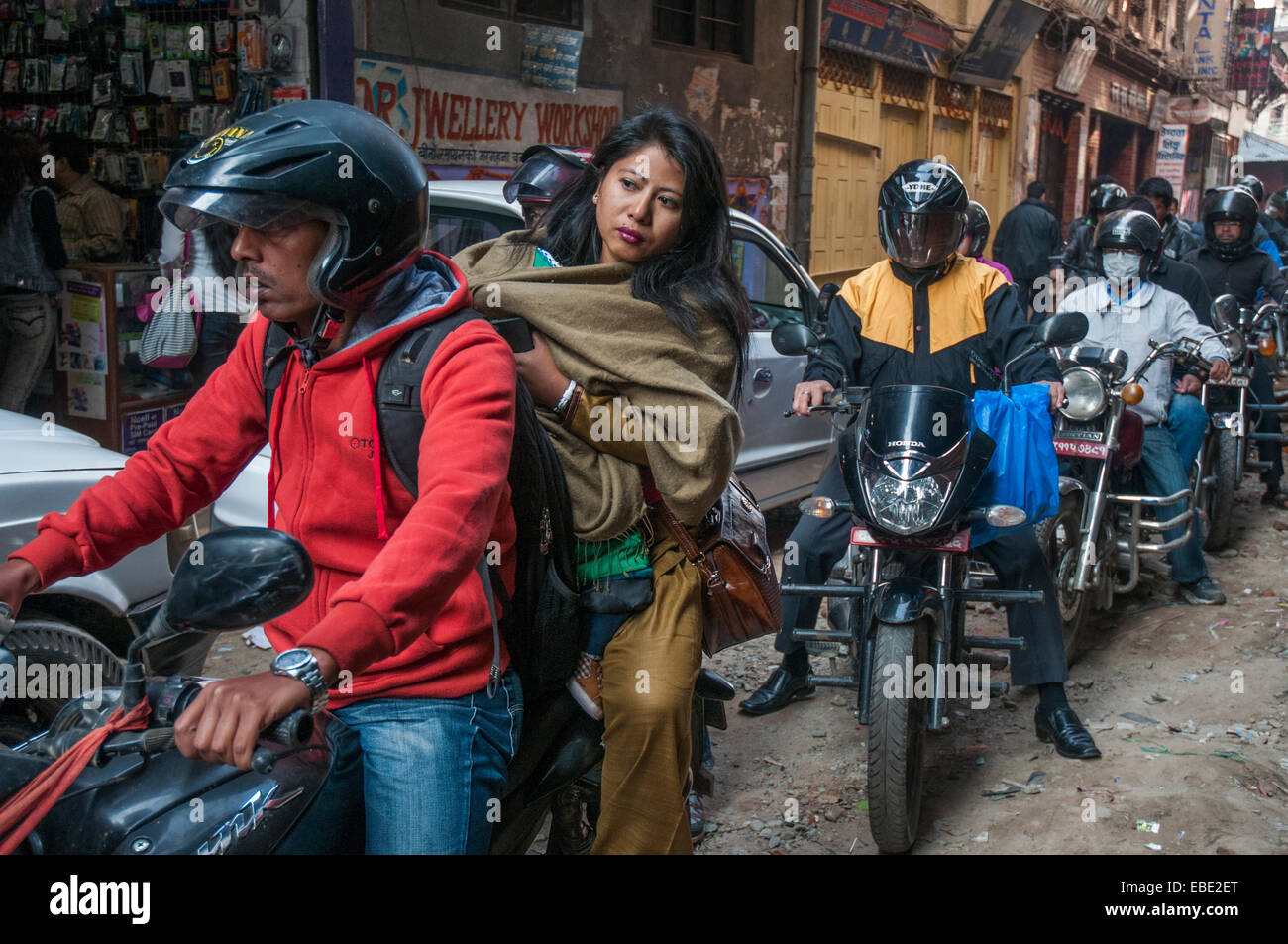 Motorcycle commuters caught in a traffic jam in Kathmandu Stock Photo ...