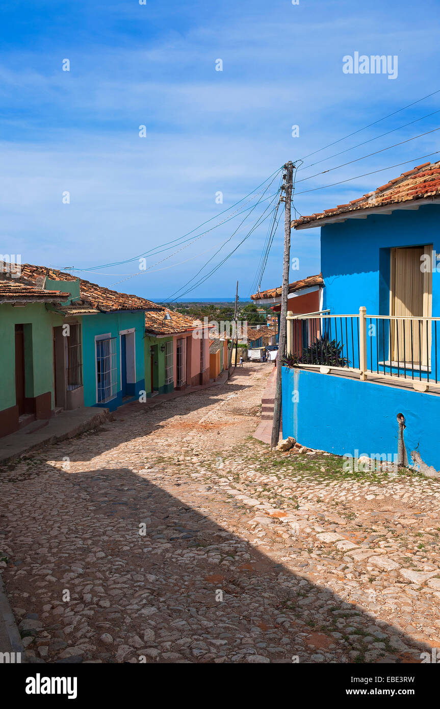 Colorful buildings, street scene, Trinidad, Cuba, West Indies ...