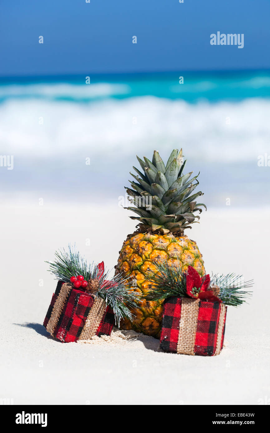 Tropical celebration on beach, present boxes and fresh pineapple Stock ...