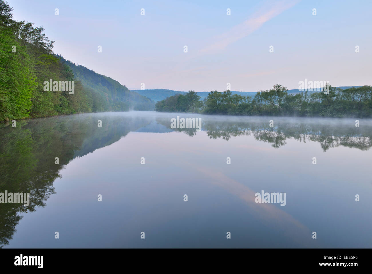 River Main in the Dawn, Spring, Dorfprozelten, Spessart, Franconia ...