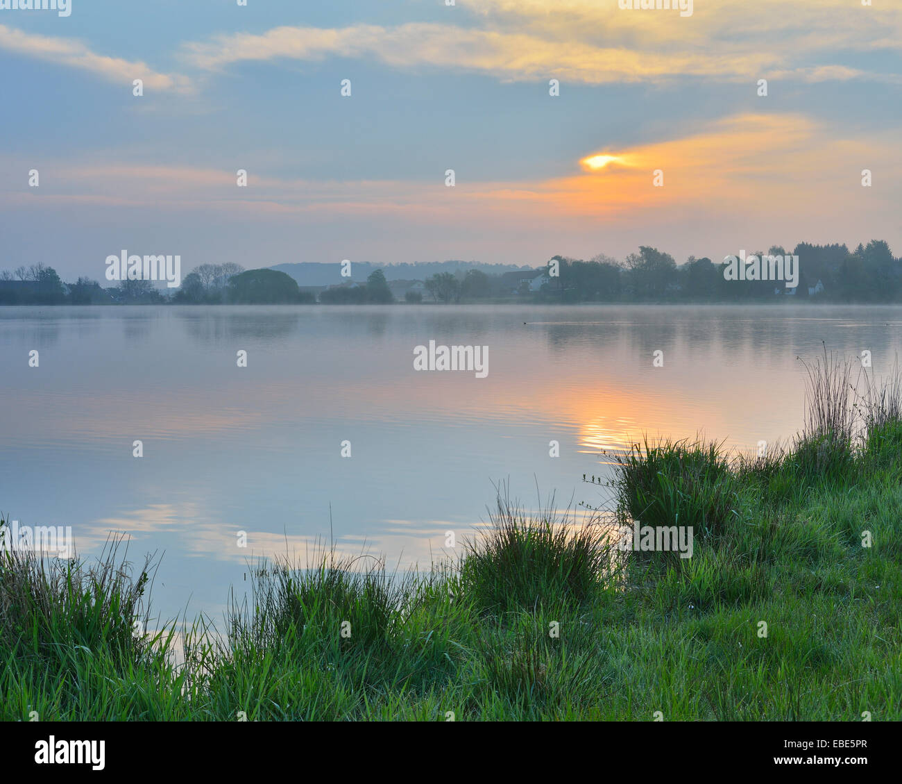 Lake at Sunrise, Ober-Moos, Grebenhain, Vogelsberg District, Hesse ...