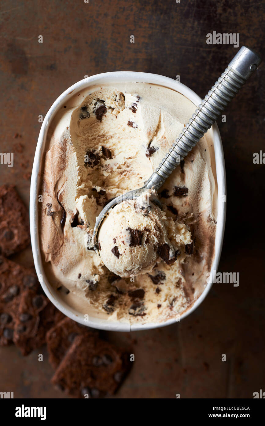 Overhead View of Ice Cream with Ice Cream Scoop on Metal Background ...