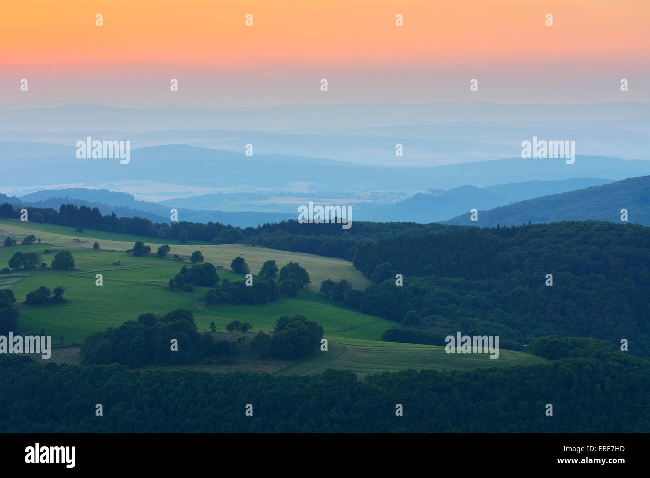 Low Mountain Landscape at Dusk view from Abtsrodaer Kuppe, Wasserkuppe ...