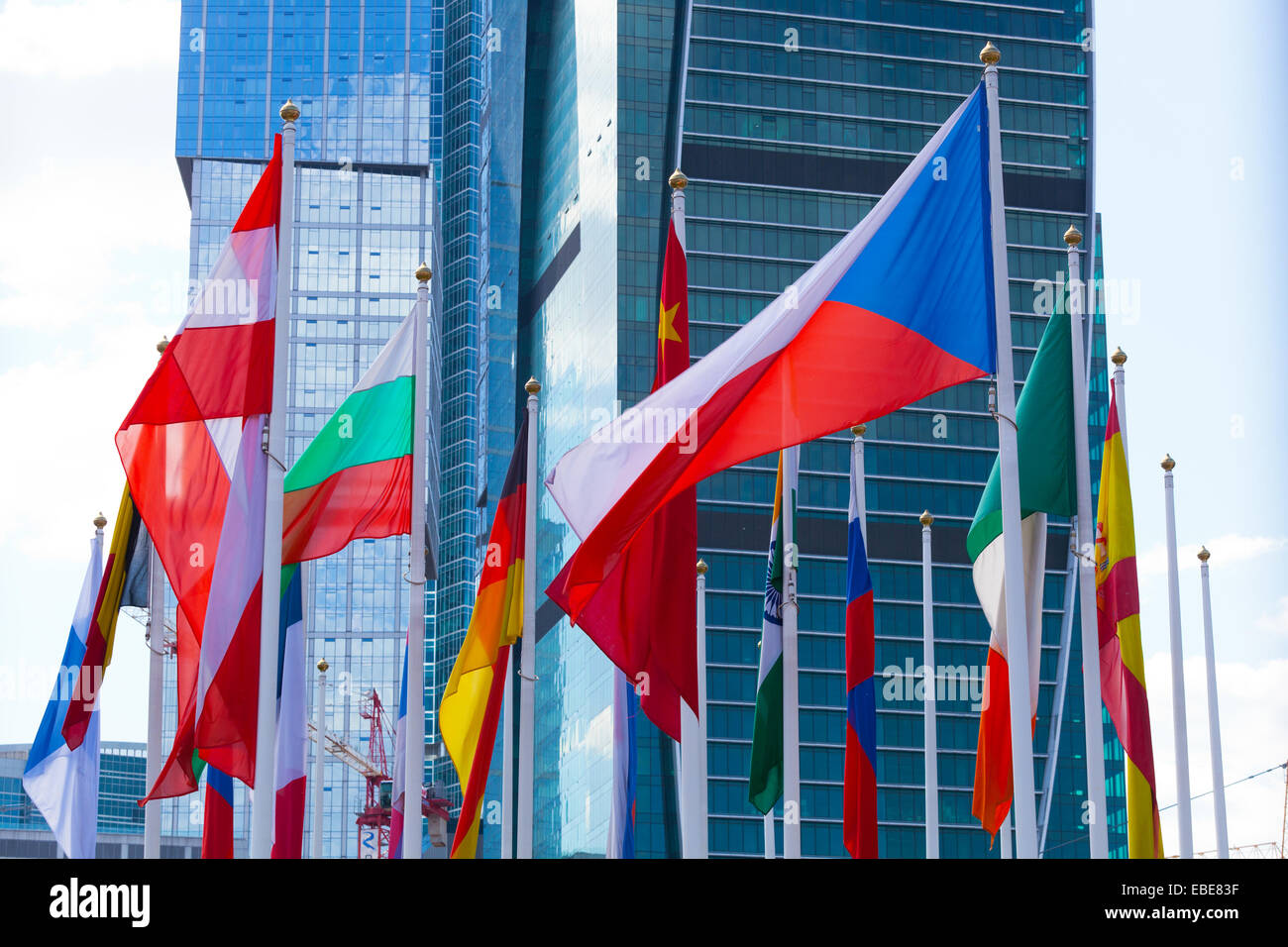 Flags of the different countries against the business center Stock ...