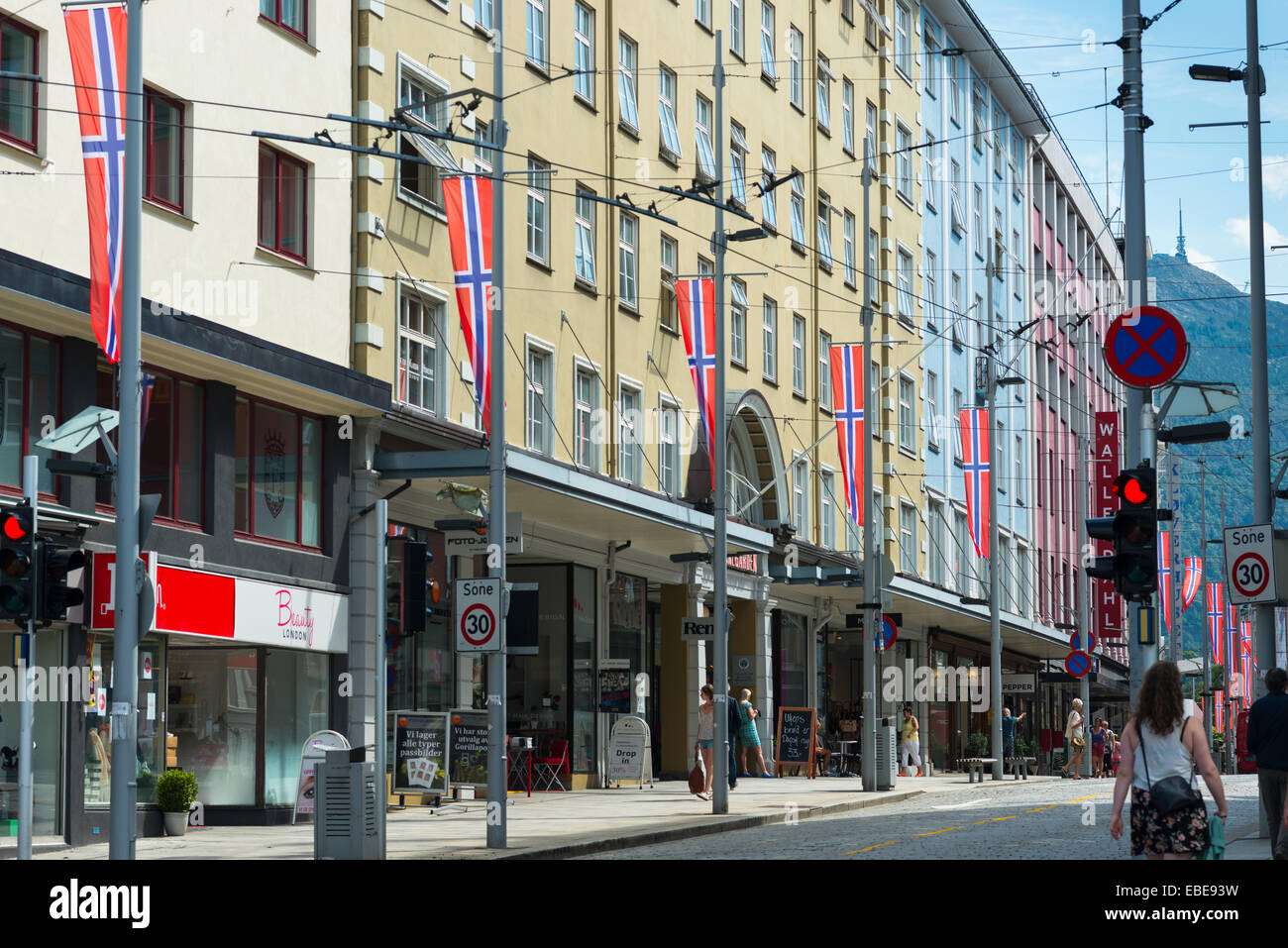 Bergen street with Norwegian flags, Norway, Scandinavia Stock Photo - Alamy